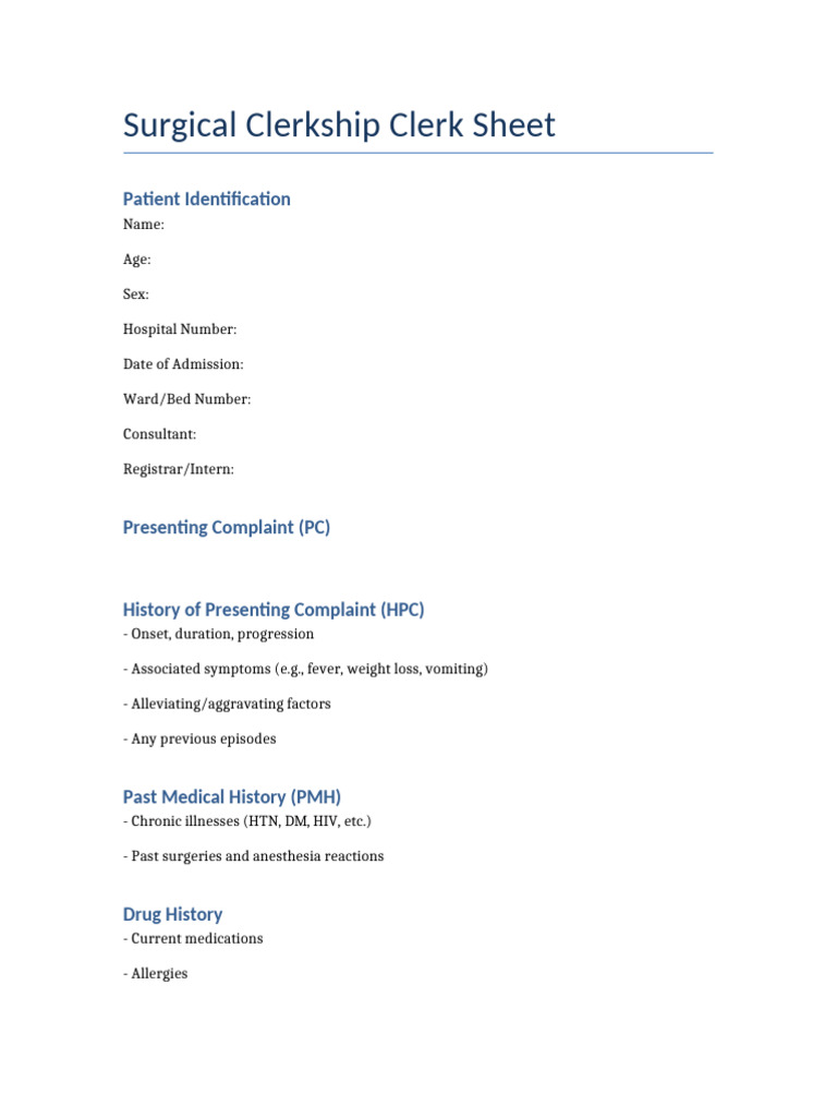 Surgical Clerkship Clerk Sheet Template | PDF