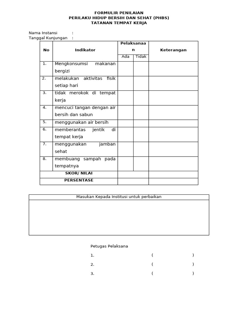 Formulir PHBS Tatanan Tempat Kerja | PDF