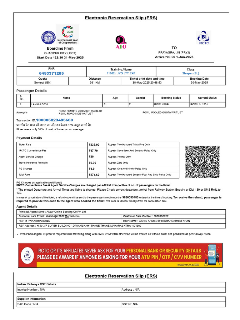 Train Reservation Slip for GCT to PRYJ | PDF