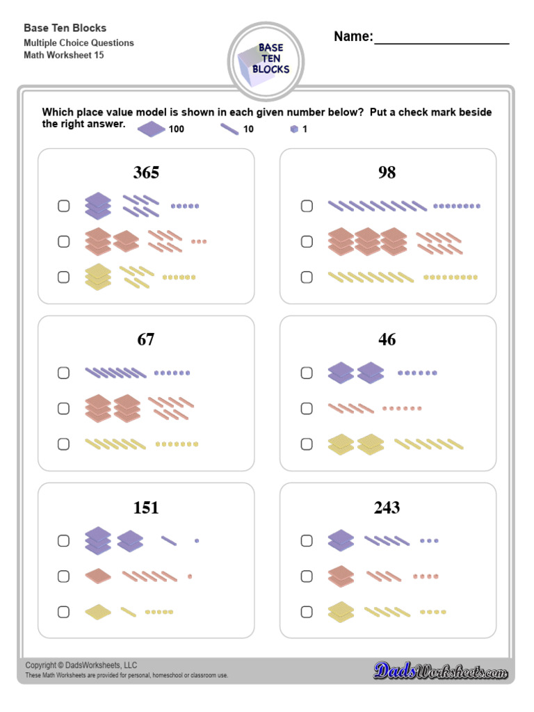 Base Ten Blocks Multiple Choice Questions v3 | PDF