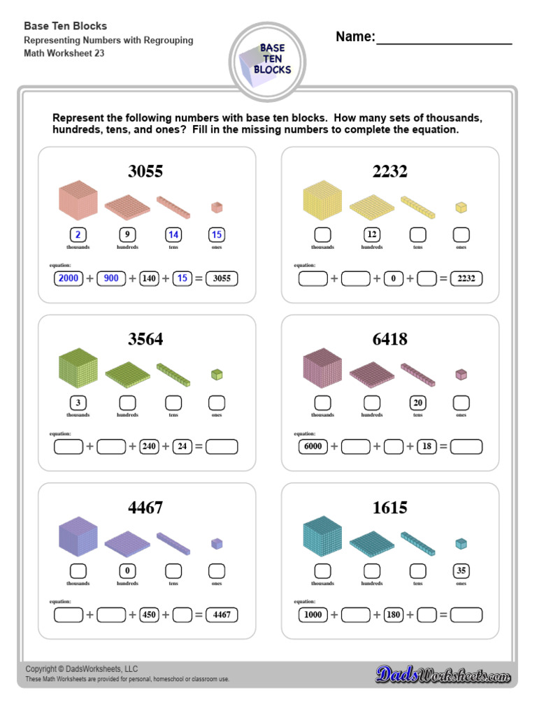 Base Ten Blocks Representing Numbers With Regrouping v7 | PDF