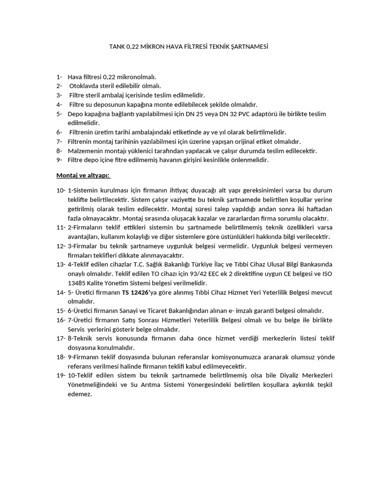 0,22 Mikron Hava Filtresi Teknik Şartnamesi | PDF