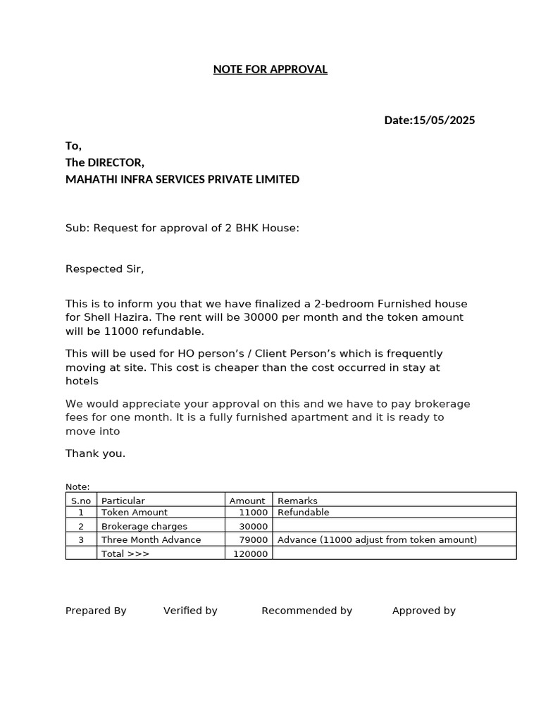 Note For Approval - 2bhk | PDF