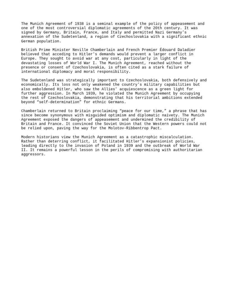Munich Agreement: A Lesson in Appeasement | PDF