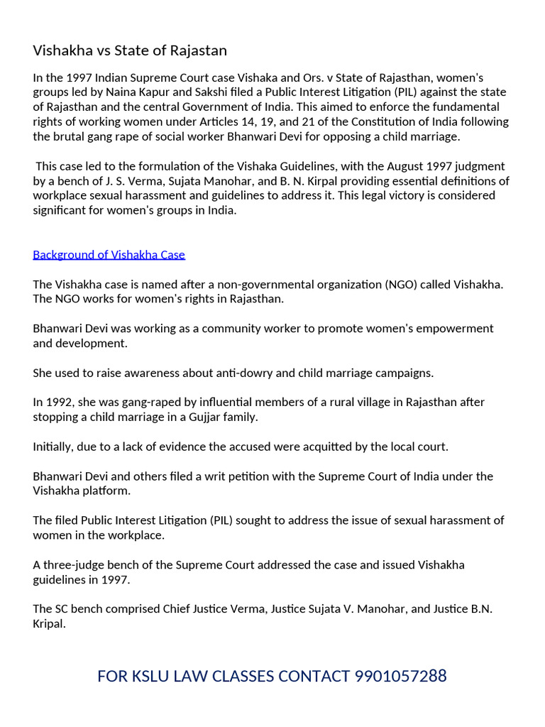 Vishakha Case: Landmark Guidelines for Women | PDF | Sexual Harassment ...