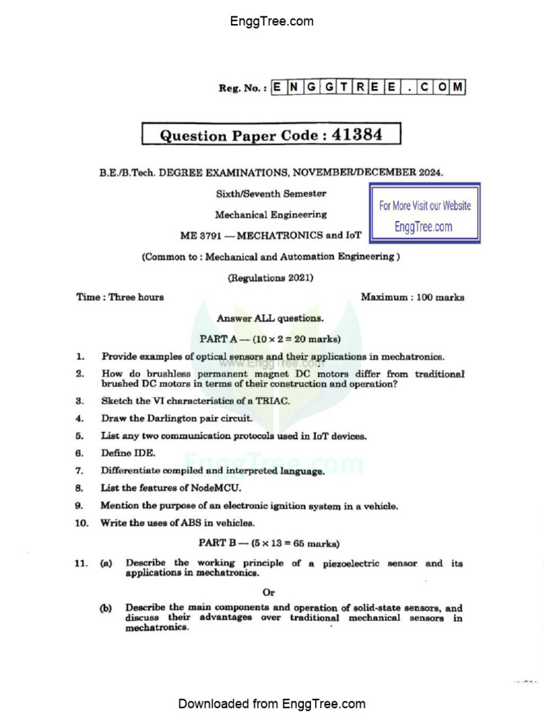 ME3791 Mechatronics and IoT Nov Dec 2024 Question Paper Download | PDF