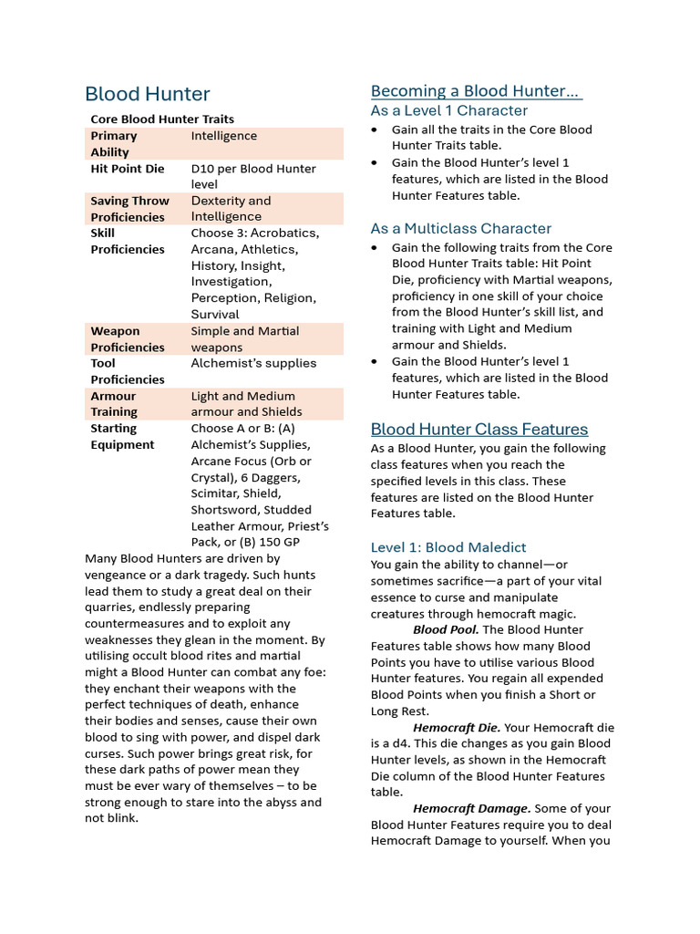 Blood Hunter Class Overview and Features | PDF