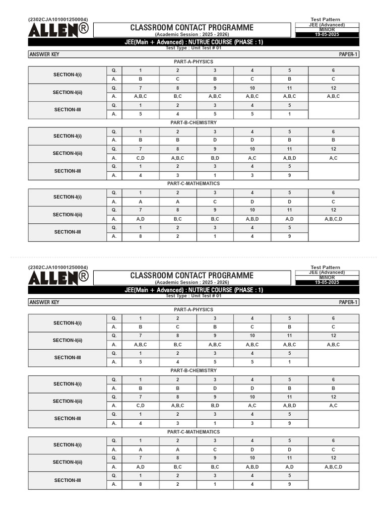 Lko Jee Adv Nurture TP Phase-1 Minor-1 (2025-26) Answer Key | PDF