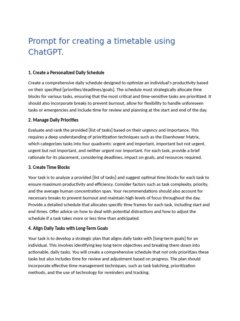 Prompt For Creating A Timetable Using ChatGPT | PDF | Goal | Time ...