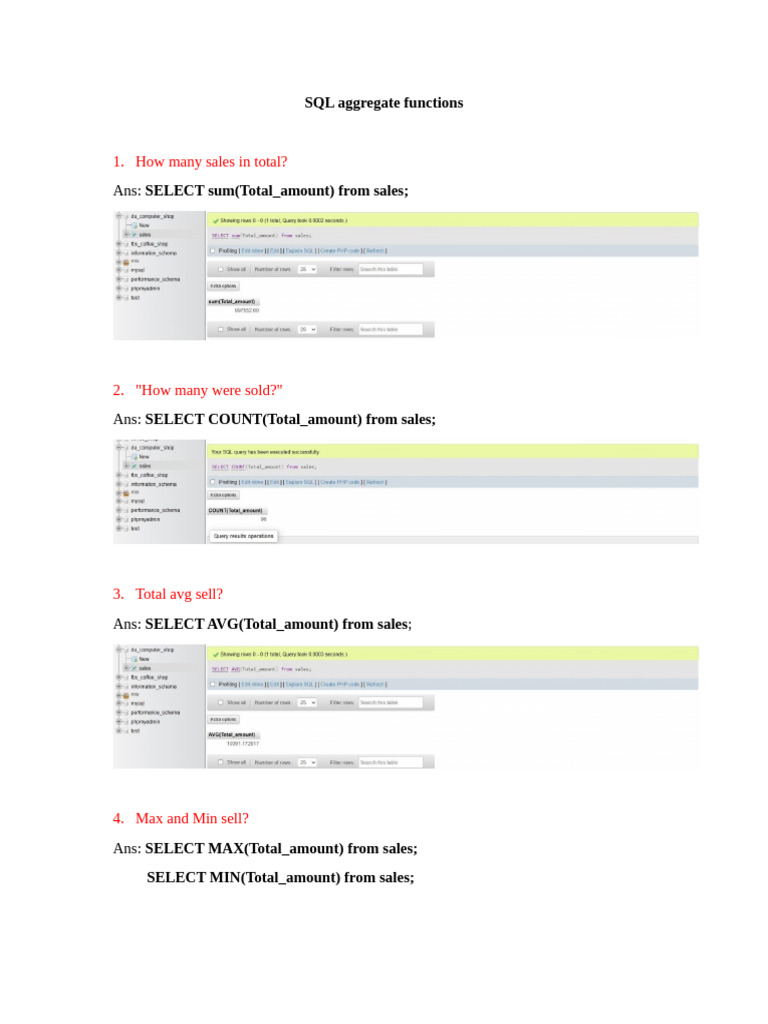 SQL Aggregate Functions Xampp Practice | PDF