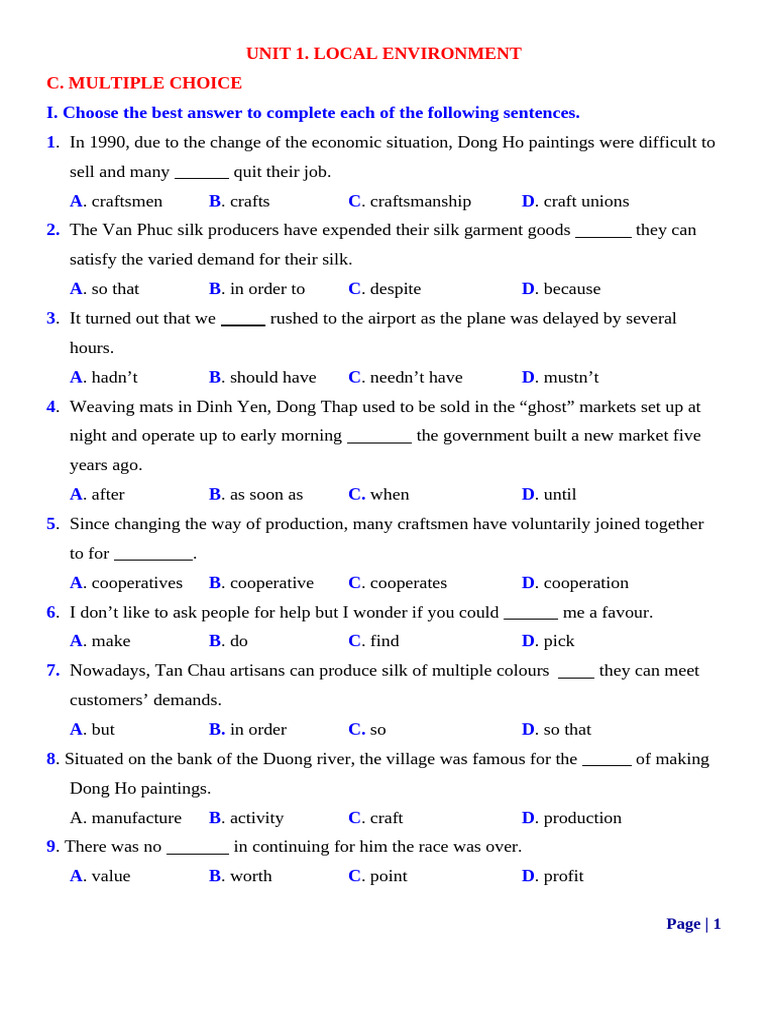 Bài Tập Thực Hành Anh 9 Thí Điểm (Từ Vựng, Ngữ Pháp, Bài Tập) MULTIPLE CHOICE E9 (UNIT 1-6) N ...