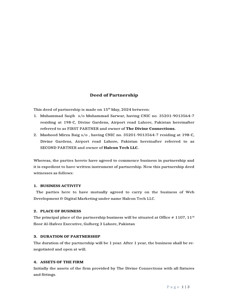 Partnership Deed Format | PDF | Partnership | Expense