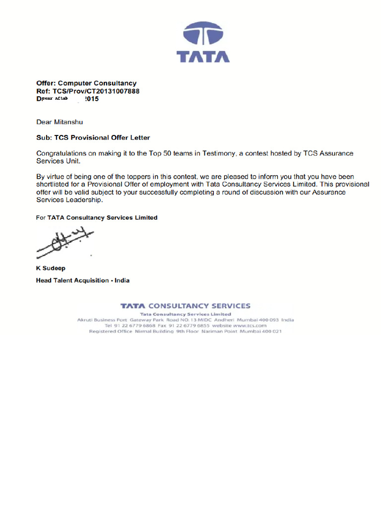 Final TCS Offer Letter Aftab | PDF