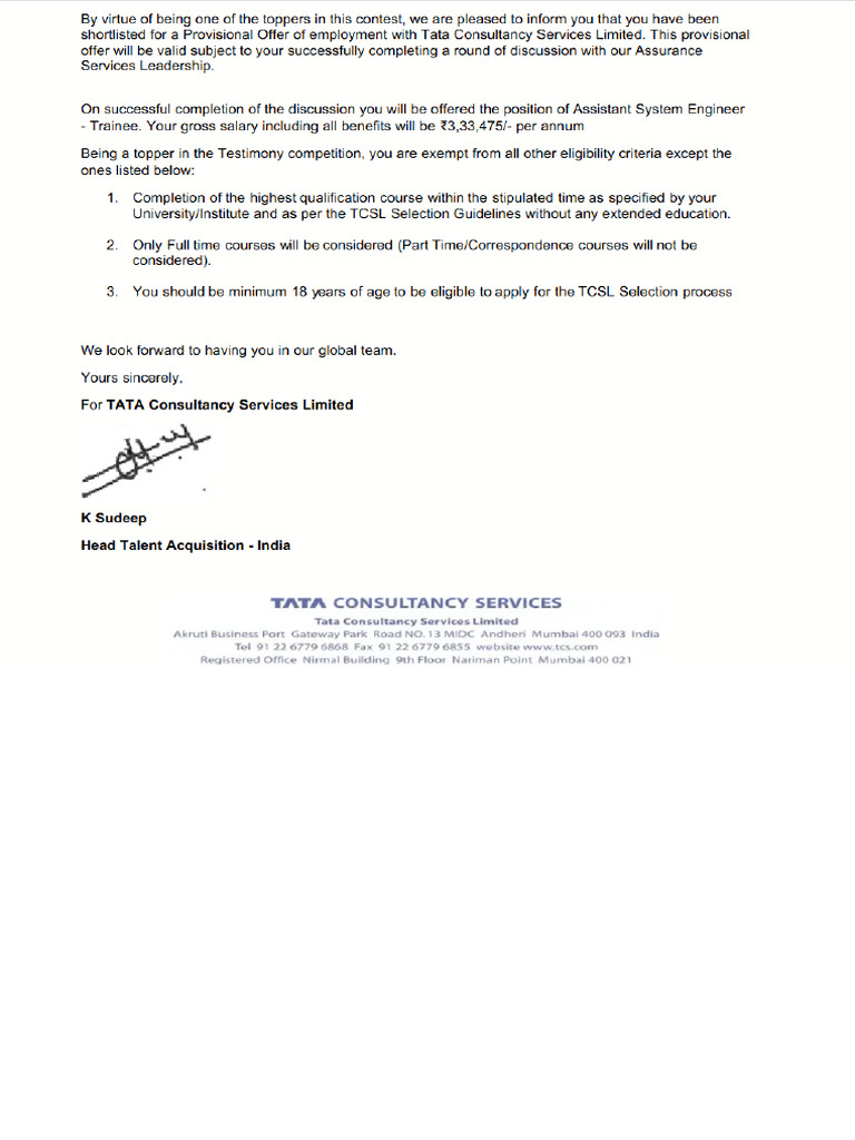 TCS Offer Letter Aftab | PDF