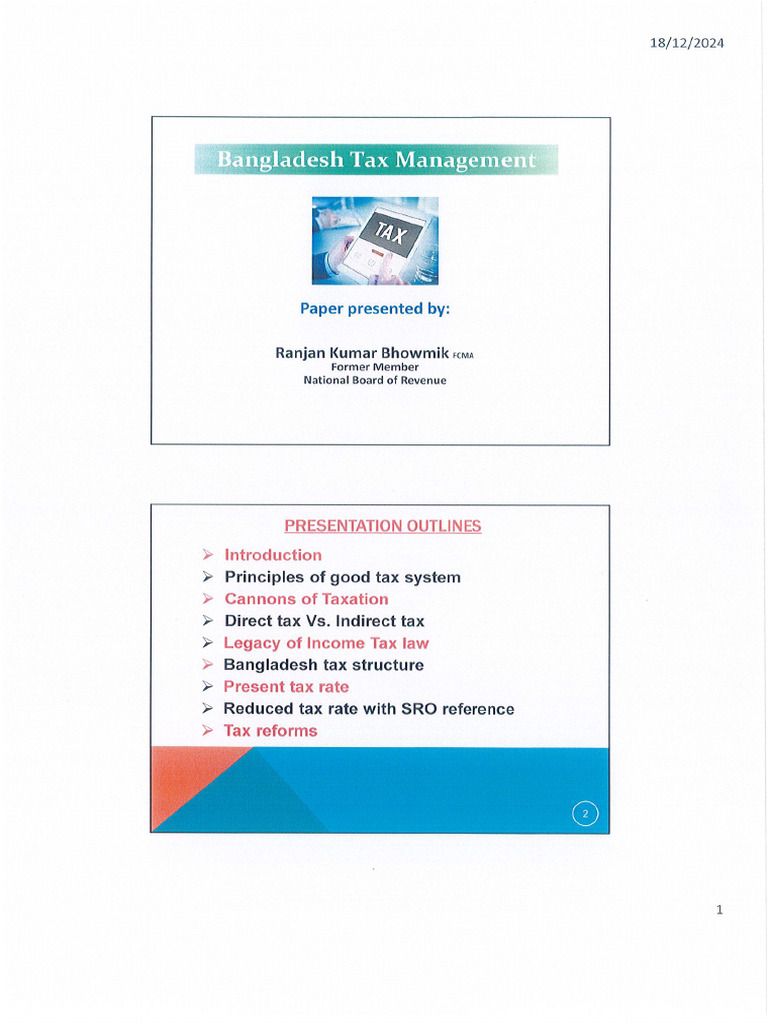 Lec - 1 Bangladesh Tax Management-Presented By-Ranjan Kumar Bhowmik, FCMA | PDF