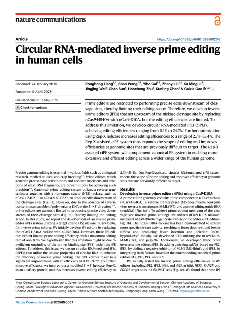 Circular RNA-mediated Inverse Prime Editing in Human Cells: Article ...