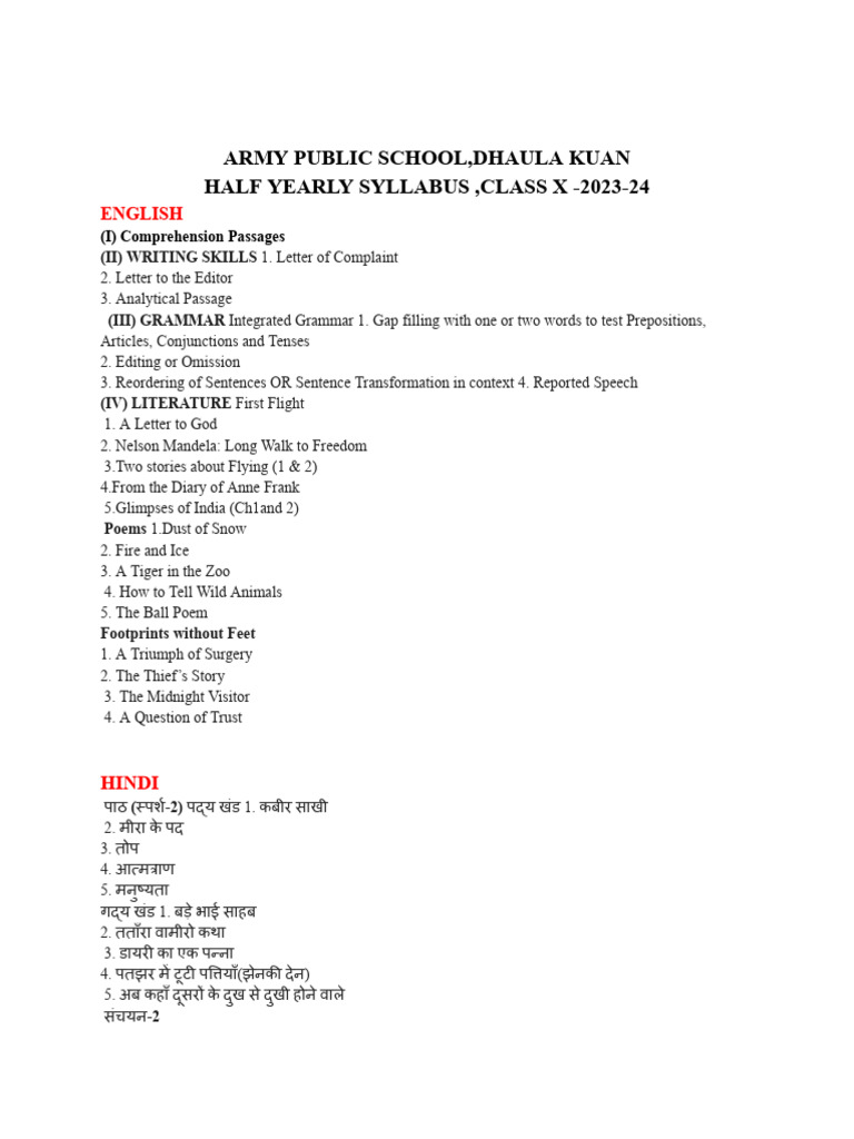 Final Half Yearly Class 10 Syllabus 2023-24 | PDF