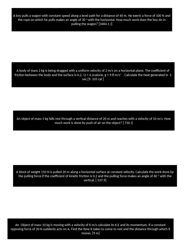 Work, Energy & Power Numericals | PDF | Force | Mass