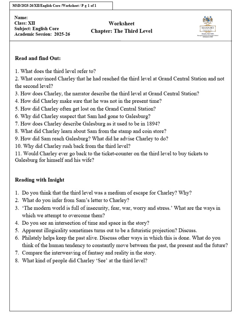 Worksheet Chapter: The Third Level: Name: Class: XII Subject: English ...