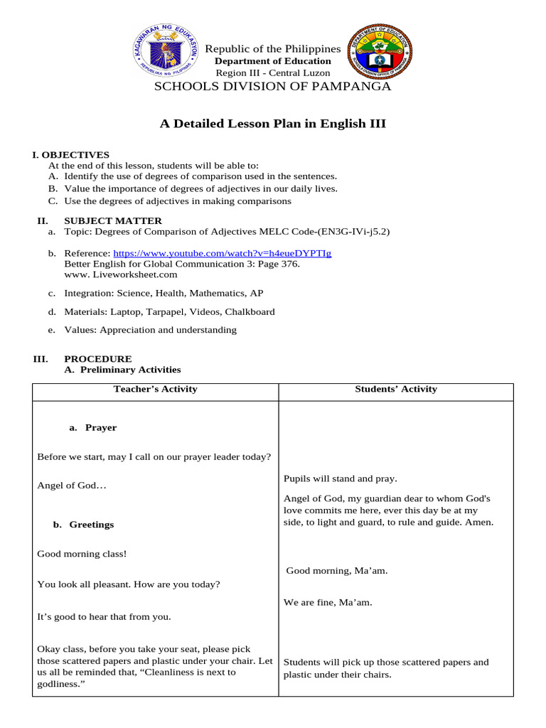 A Detailed Lesson Plan in English III | PDF | Adjective | Linguistics