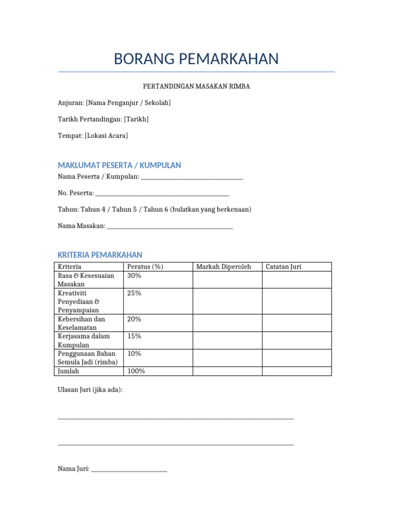 Borang Pemarkahan Pertandingan Masakan Rimba | PDF