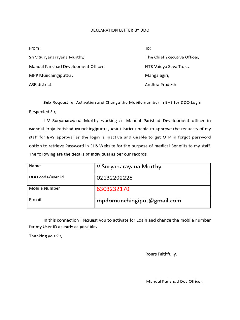 Ehs Declaration Letter by Ddo | PDF