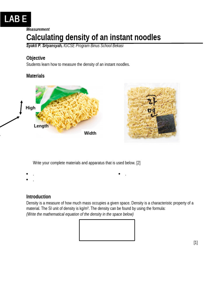 01 - Measuring Density of Noodle Lab Worksheet (Version 1.0) | PDF ...