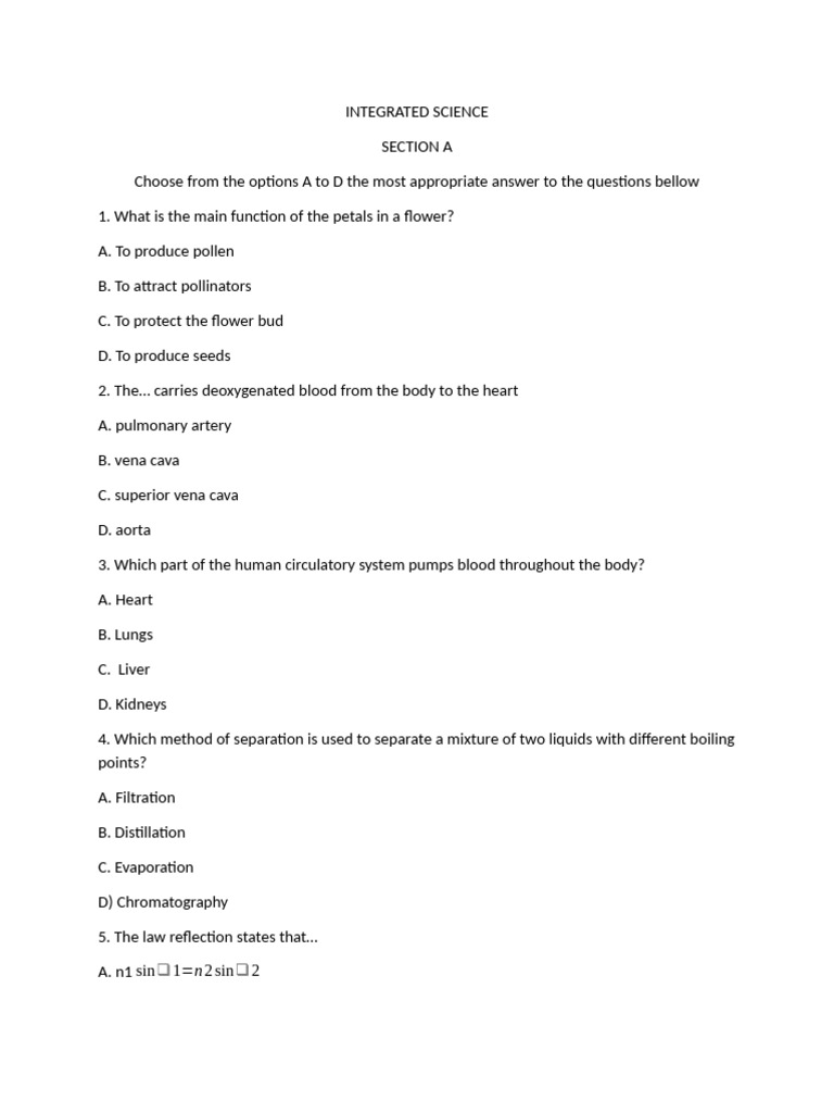 Integrated Science Quiz Questions | PDF | Lung | Circulatory System