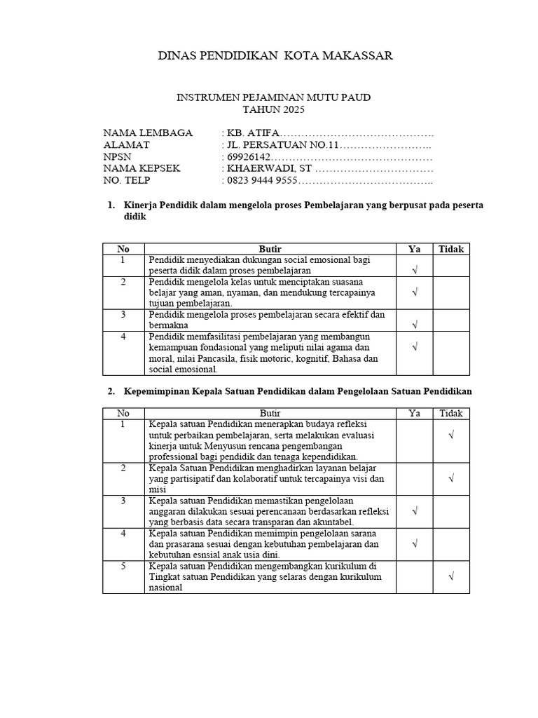 Instrumen Penjaminan Mutu Paud | PDF