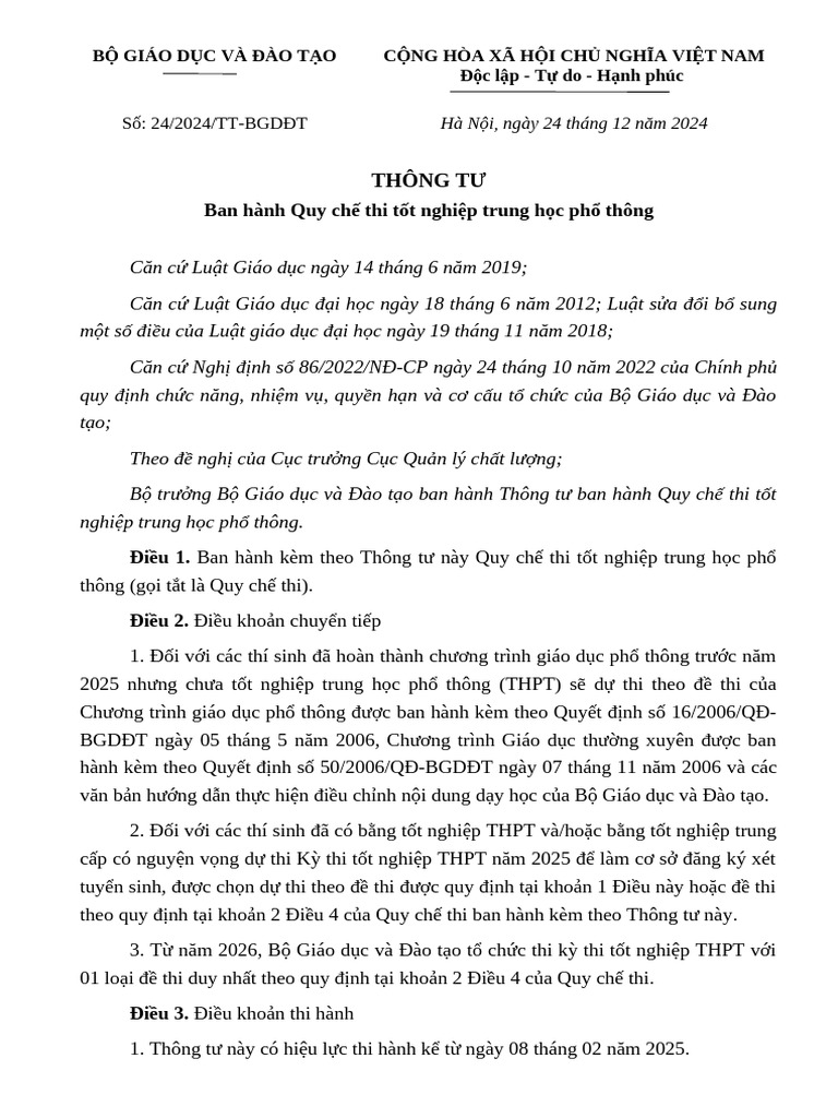 Quy Che Thi Tot Nghiep THPT Nam 2025 (Thong Tư 24 - 2024 - TT-BGDDT ...