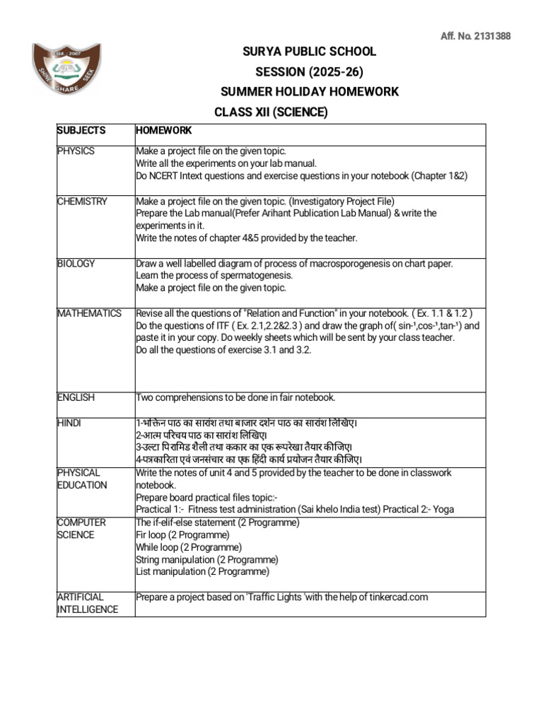 Class 12 (Science) Holiday Homework | PDF