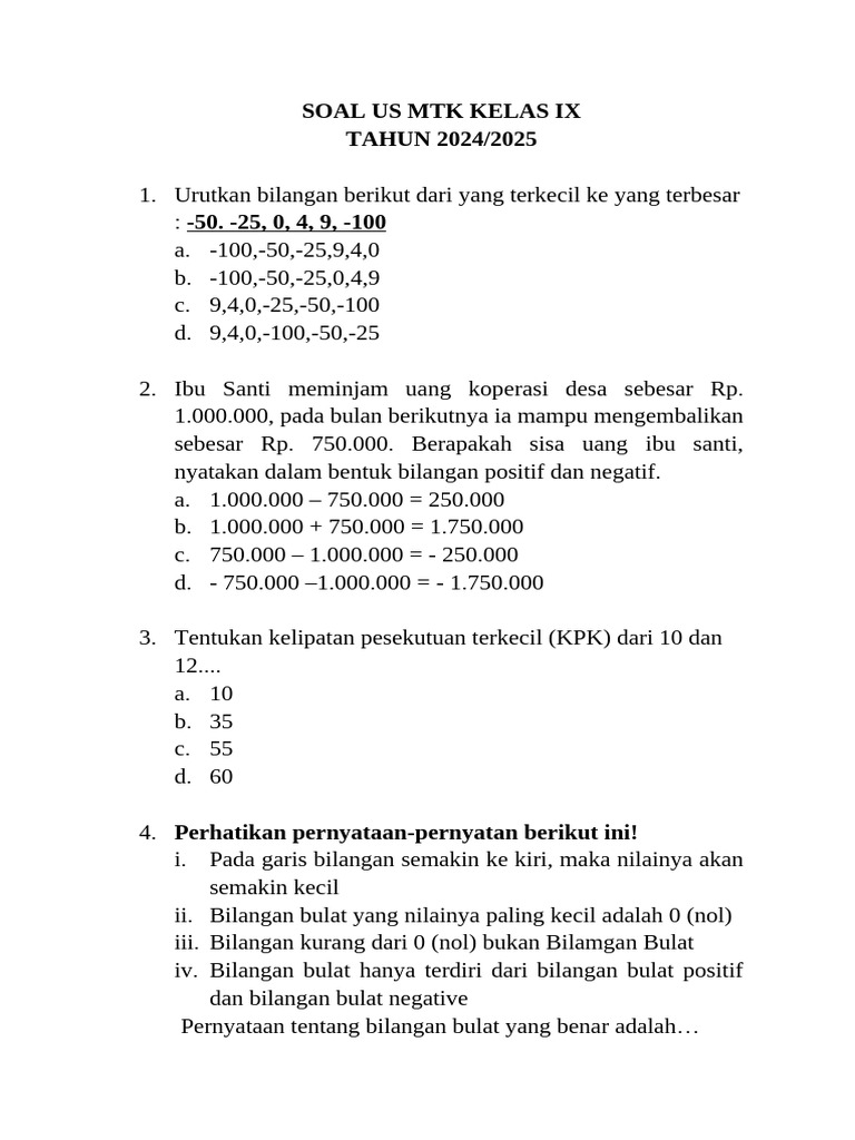 Soal Us MTK Kelas Ix 2025 | PDF