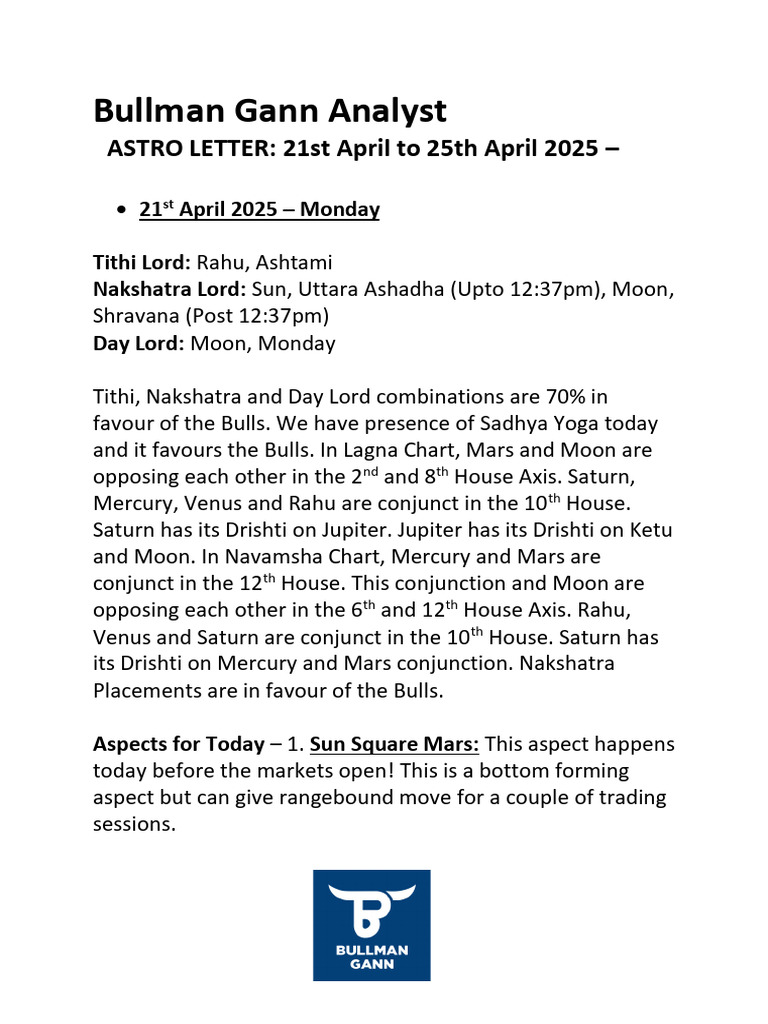 Bullman Gann Astro Letter - 21st April To 25th April 2025 2025 19 04 09 ...