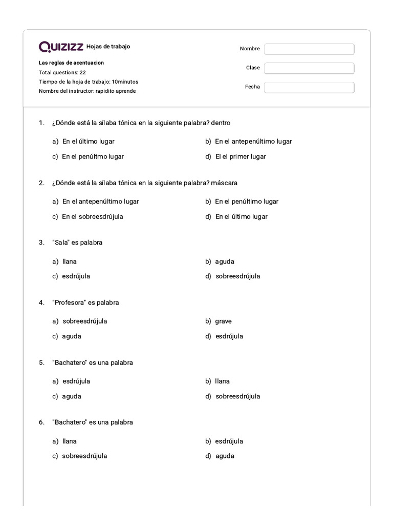 Las Reglas de Acentuacion - Quizizz | PDF | Estrés (lingüística) | Voz ...