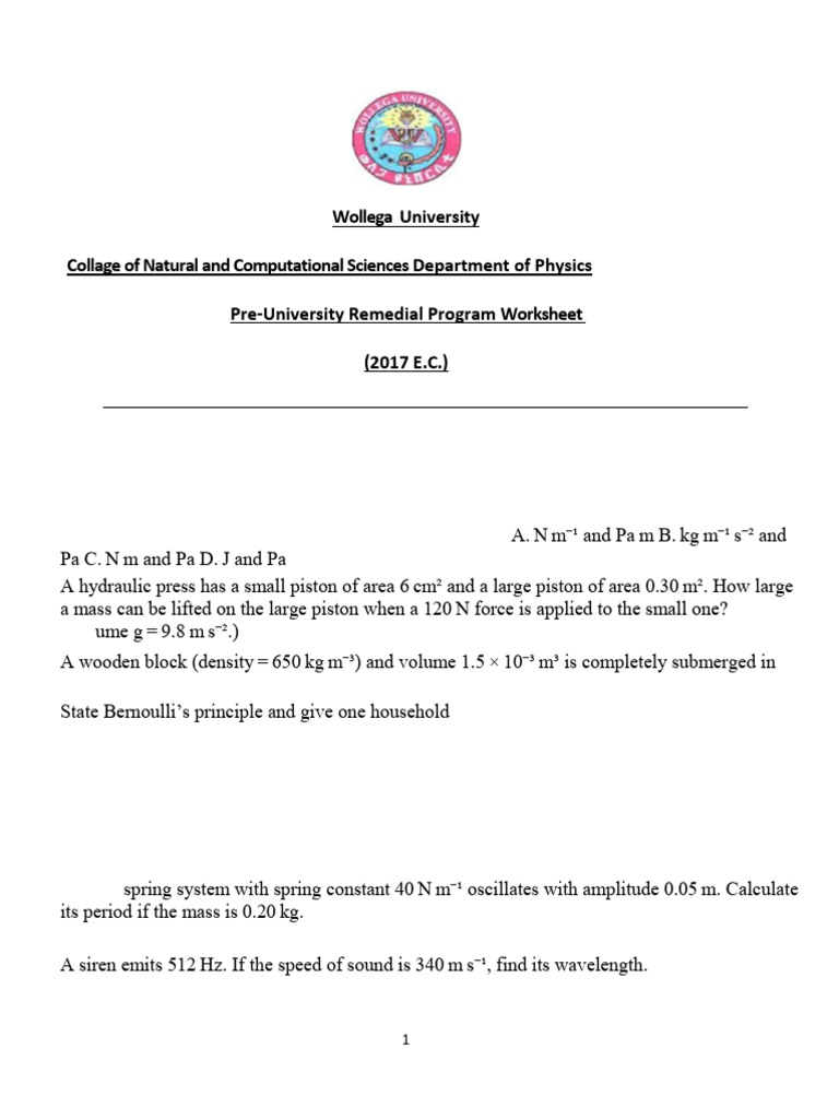 Pre-University Remedial Physics Worksheet | PDF | Waves ...