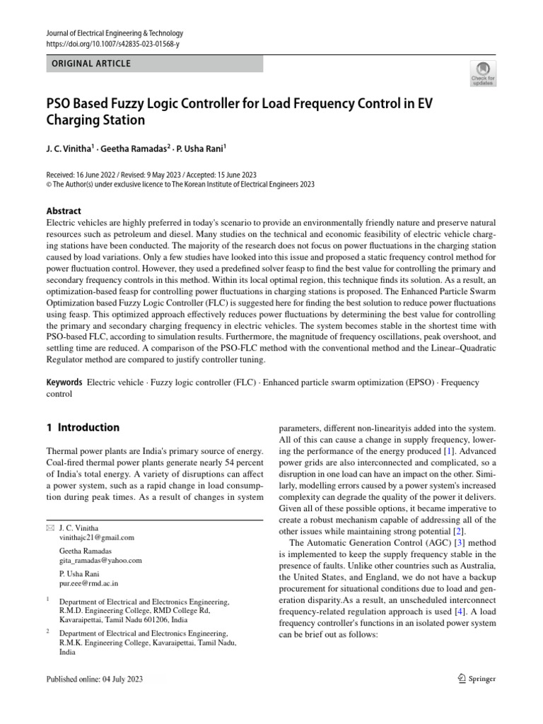 PSO Based Fuzzy Logic Controller For Load Frequency Control in EV Charging Station | PDF ...
