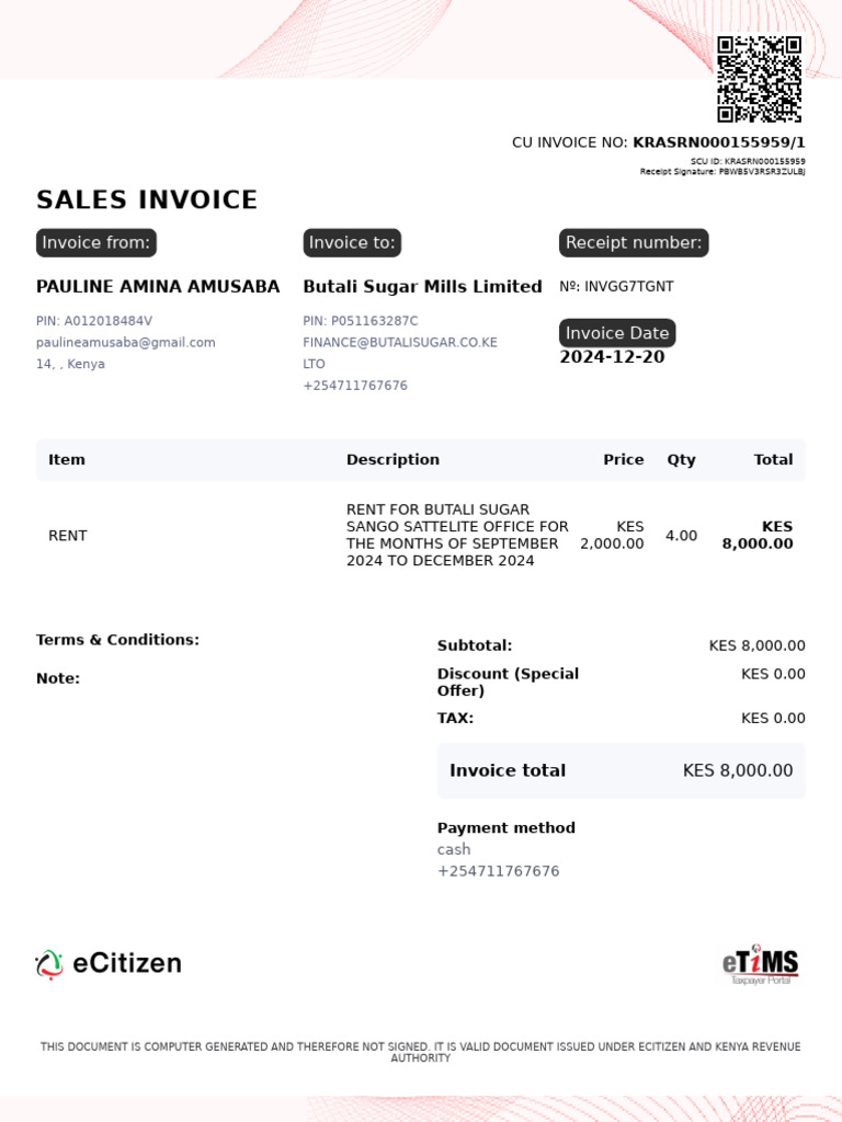 Butali Sugar Mills Rent Invoice 2024 | PDF | Invoice | Receipt