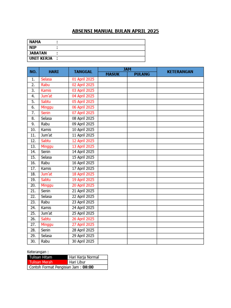 Absensi Manual Bulan April 2025 | PDF