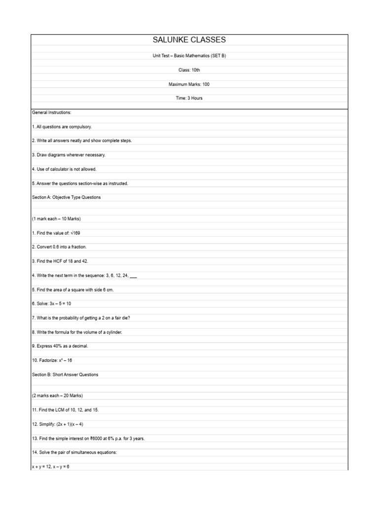 For Practice Basic Mathematics Paper Set | PDF | Area | Mathematics