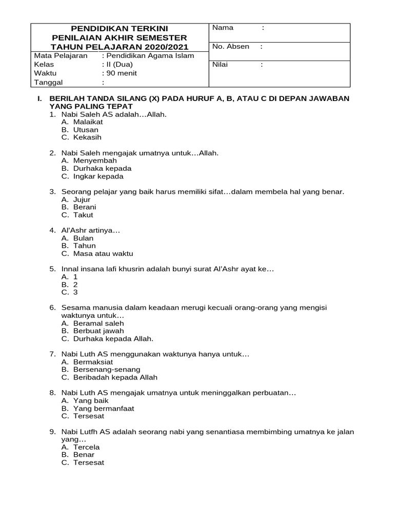 Soal Pas Agama Kelas 2 Semester 2 | PDF