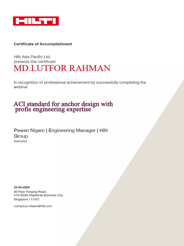 MD - lutfOR RAHMAN (ACI Standard For Anchor Design With Profis Engineering Expertise) | PDF