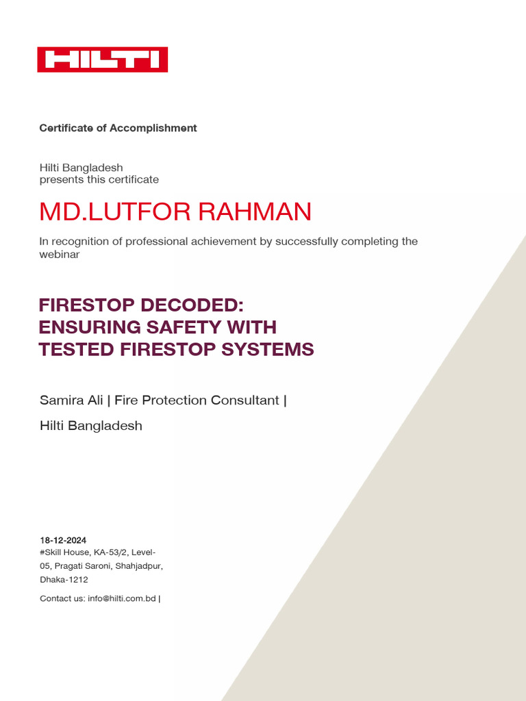 Md.lutfor Rahman (Hilti Ensuring Safety With Tested Firestop System) | PDF