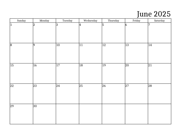 2025 06 June Calendar Sunday Start en | PDF