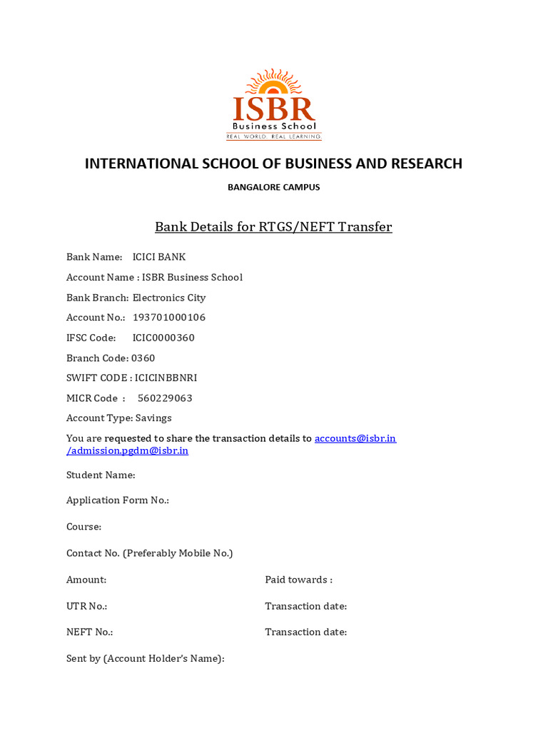 ISBR Bank Details for Transfers | PDF