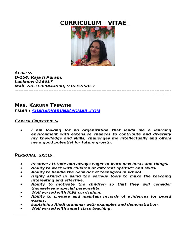 Karuna Tripathi: Teaching CV Summary | PDF | Behavioural Sciences ...