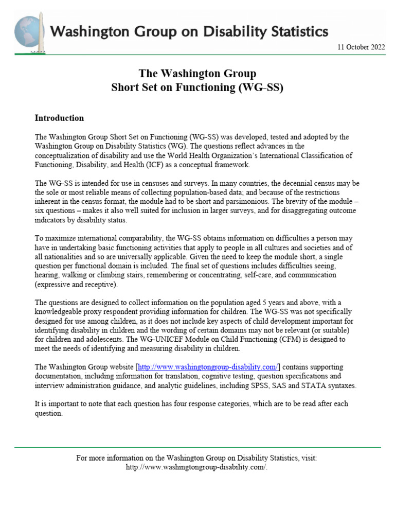 Washington Group Functioning Questionnaire | PDF | Disability | Information