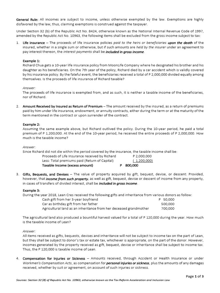 Lecture 4 - Exclusions From Gross Income | PDF | Life Insurance | Gross ...