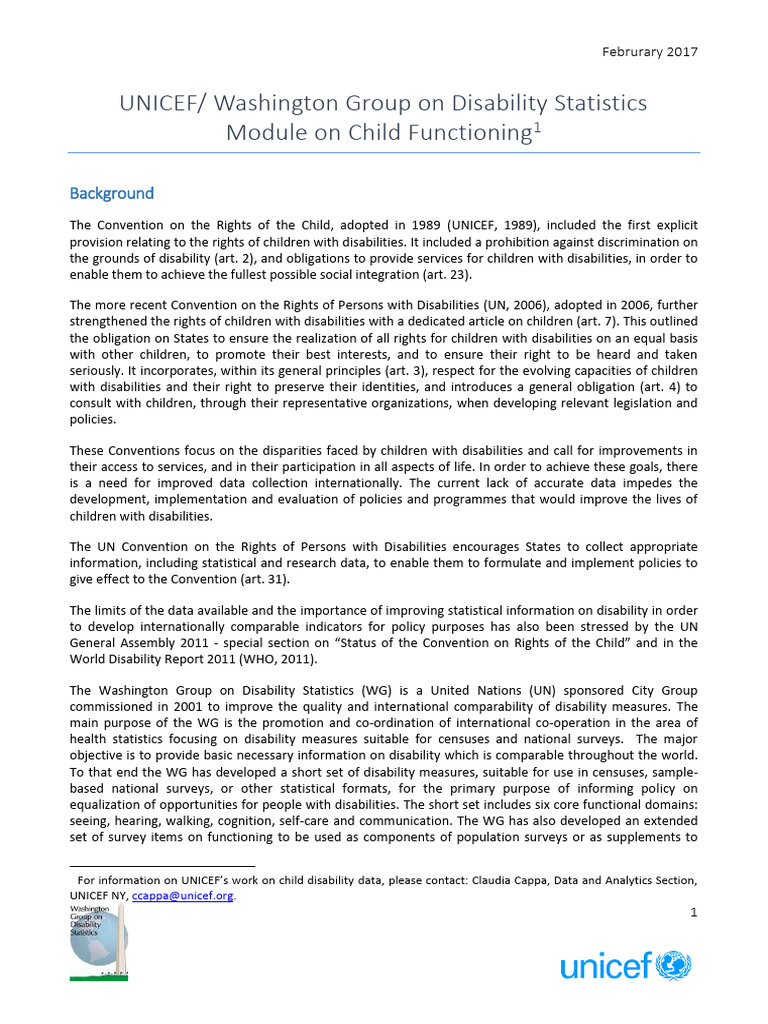 UNICEF WG Module On Child Functioning Concept Note | PDF | Disability ...