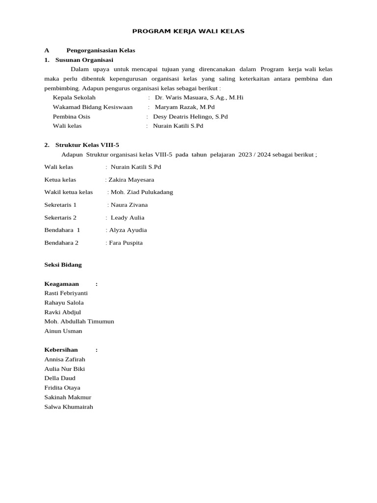 Program Kerja Wali Kelas T.P 2024-2025 | PDF