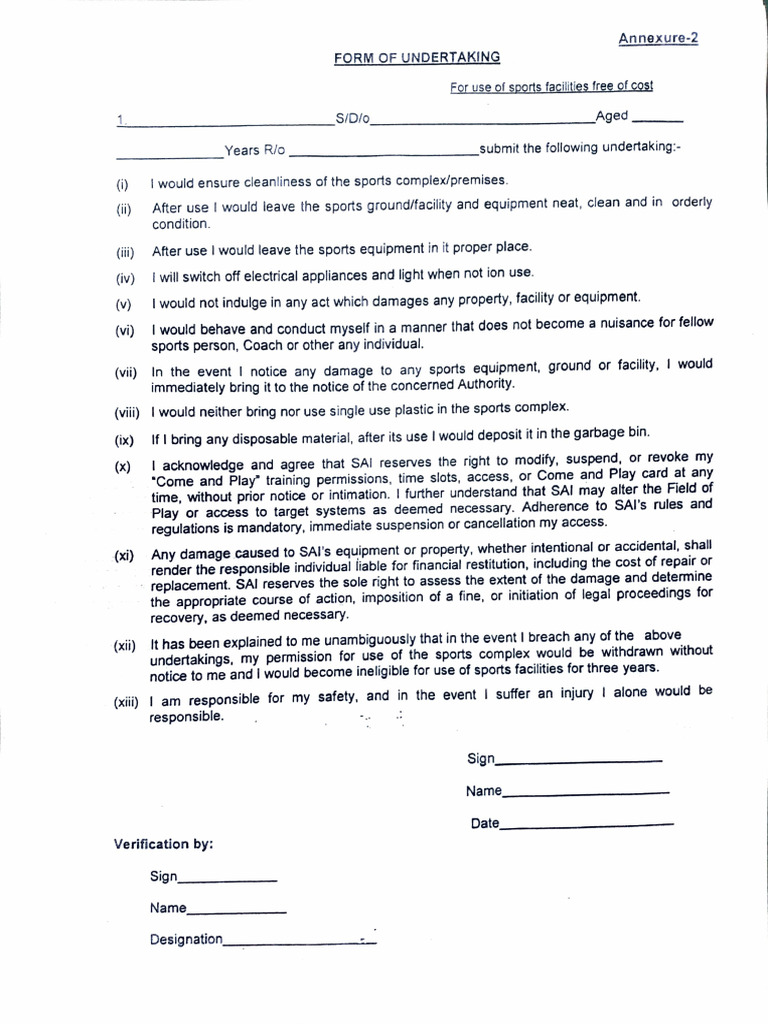 Sports Facility Usage Undertaking Form | PDF | Sports
